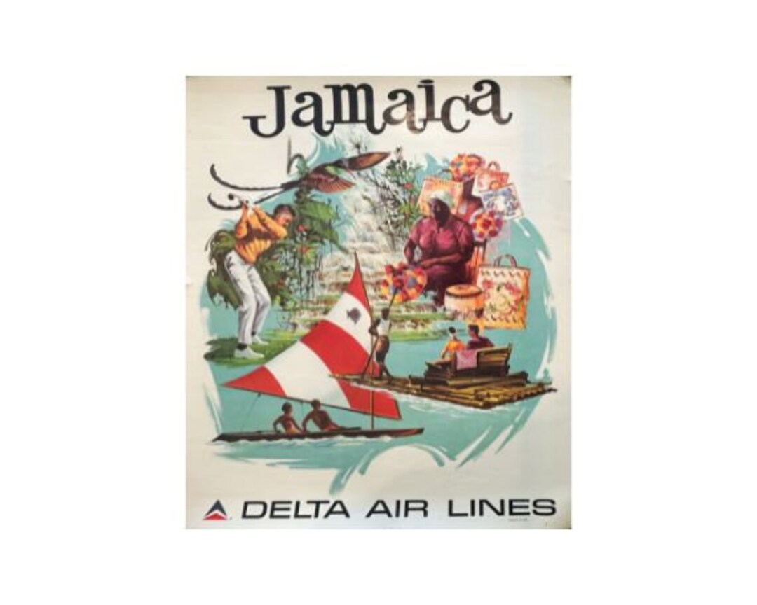Original Vintage Delta Airlines Poster for Jamaica by Fred Sweeney ...