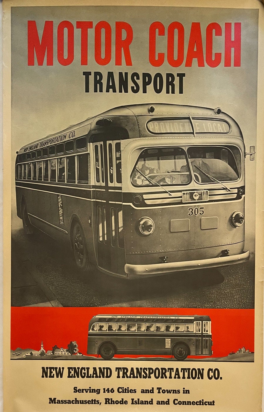 New England Transportation Bus Poster Printed 1947 Linen Backed (not a ...
