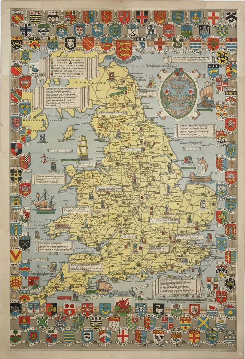 Vintage 1960 England & Wales Map Poster: Linen Backed Lithograph - Etsy