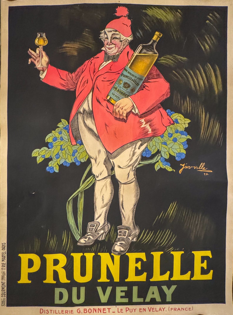 Prunelle Du Velay Antique French Poster for Liquour Linen Backed (not a ...
