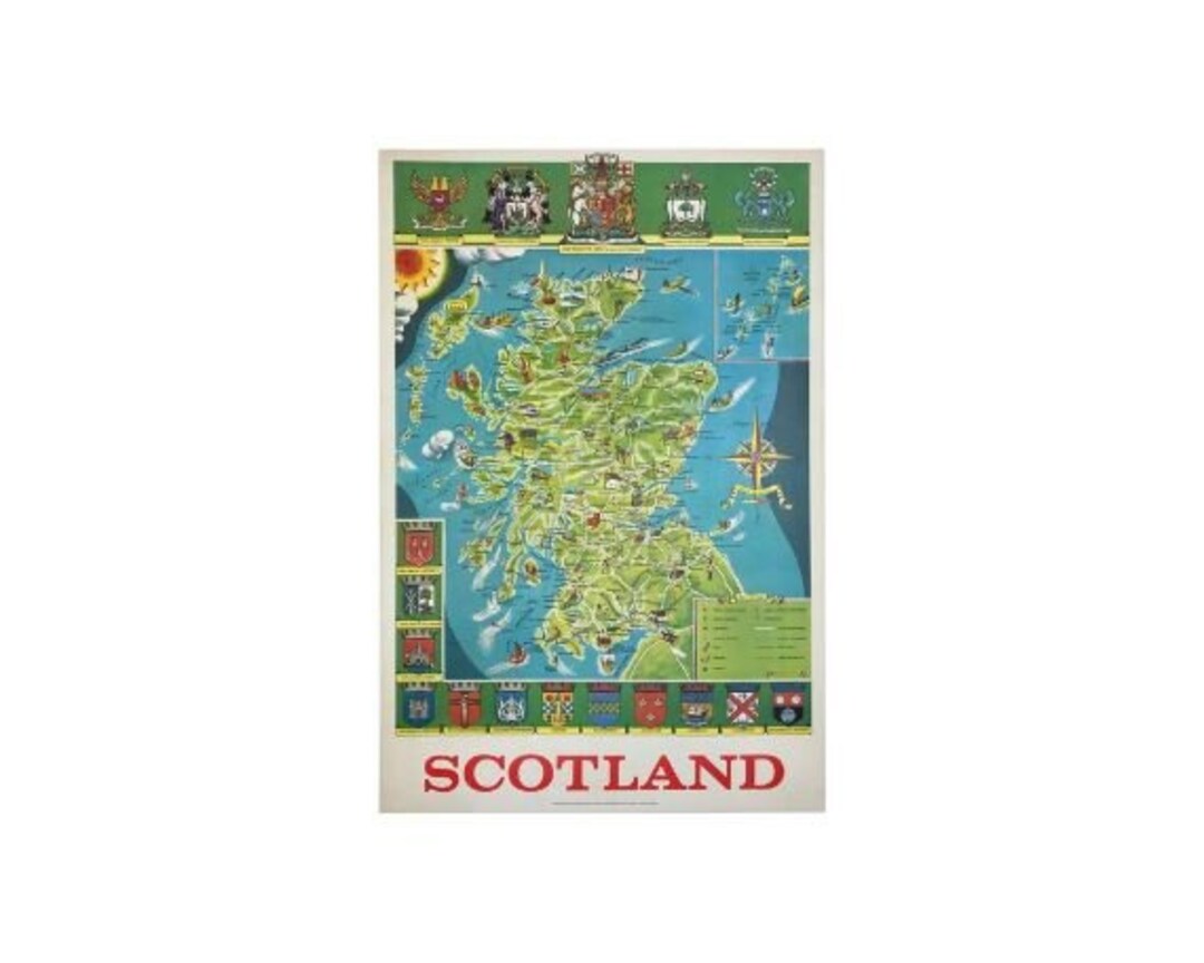 Illustrated Map of Scottland 1950's Original Vintage Poster Linen ...