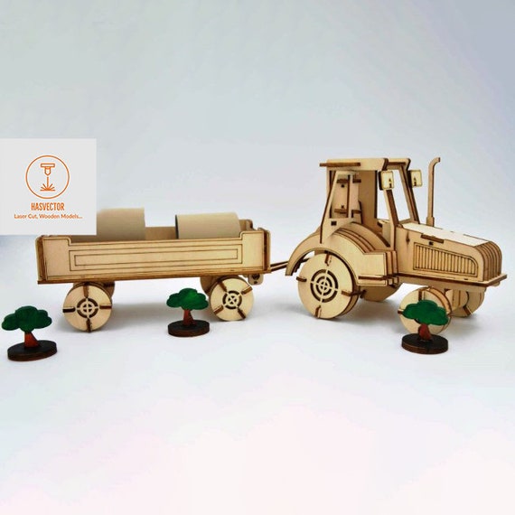 Lasercut Tractor With Trailer Model 3D Decorative Wooden Toy 3 | Etsy