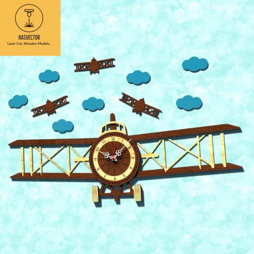 Lasercut Plane Wall Clock Design for Kids Room Cloud Pattern Wooden ...