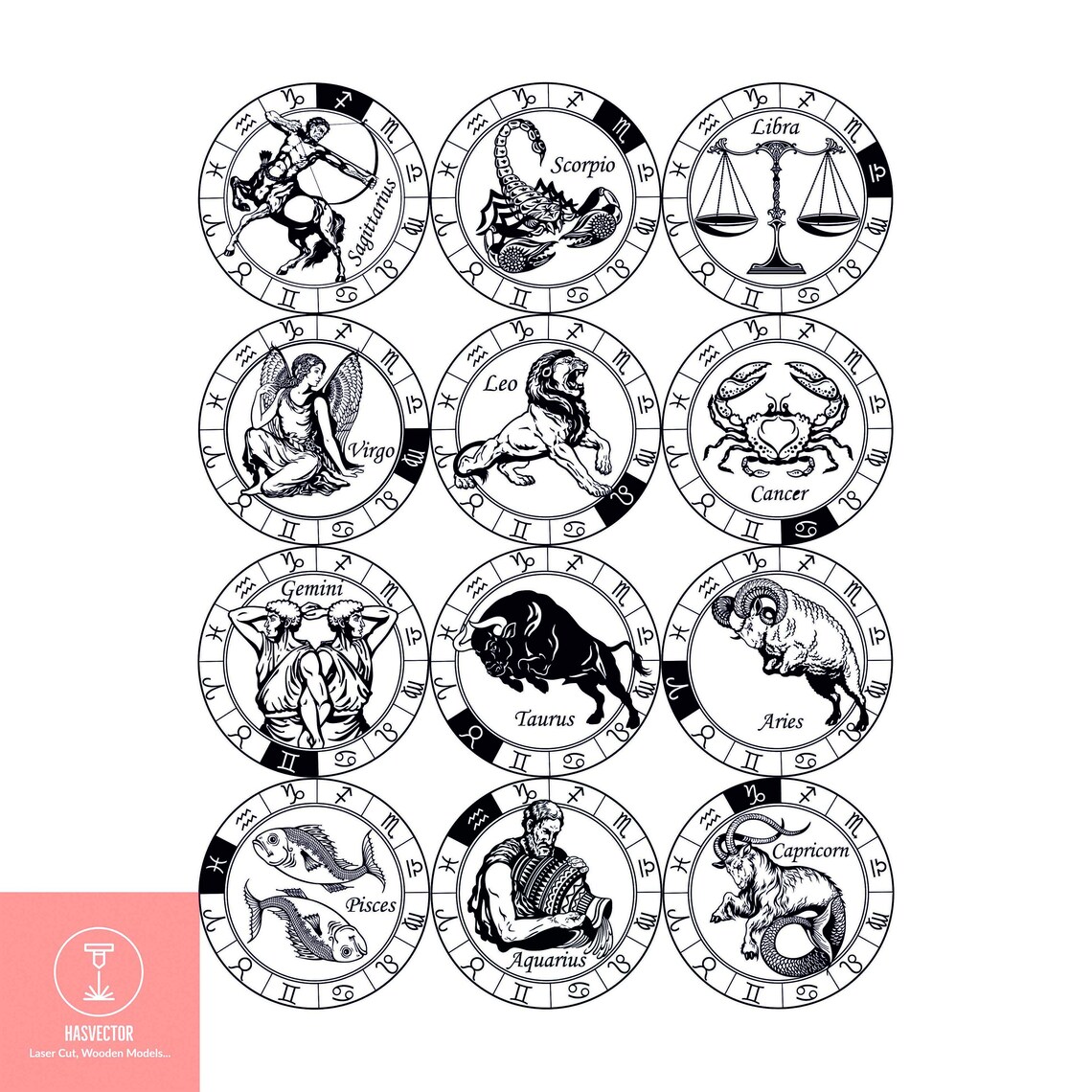 Zodiac Sign Vector Art Zodiac Illustration Designs for Engraving ...