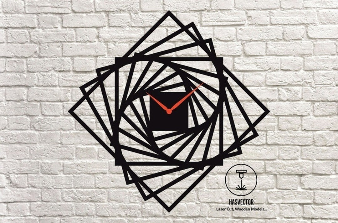 Lasercut Geometric Square Spiral Wall Clock Design Wooden Metal Model ...