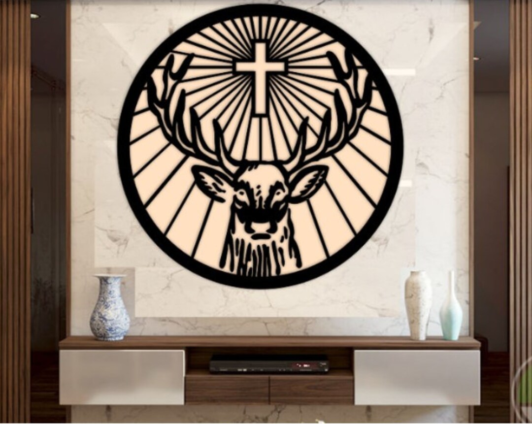 Lasercut Deer and Cross Wooden Wall Decoration Vector Art SVG DXF CDR ...