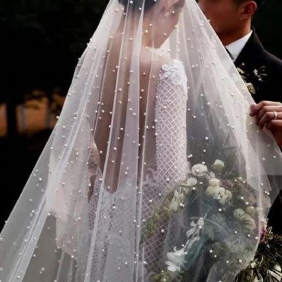 Pearl Wedding Veil, Wedding Veil, Chapel Bridal, Modern, Fingertip Veil ...