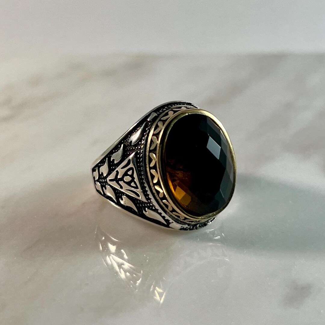 Dark Brown Zircon Ring, Antique Style Men's Ring, 925 Sterling Silver ...