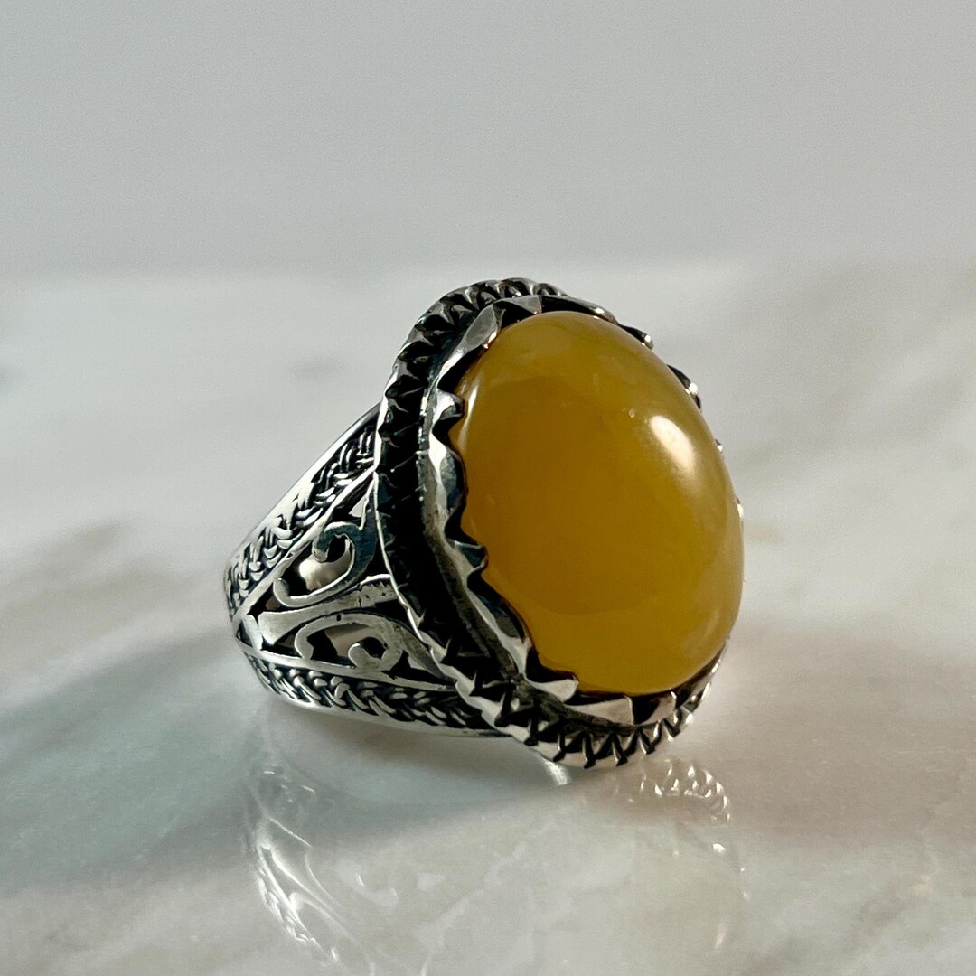 Amber Stone Ring, Vintage Men's Ring, 925 Sterling Silver, Handmade Men ...