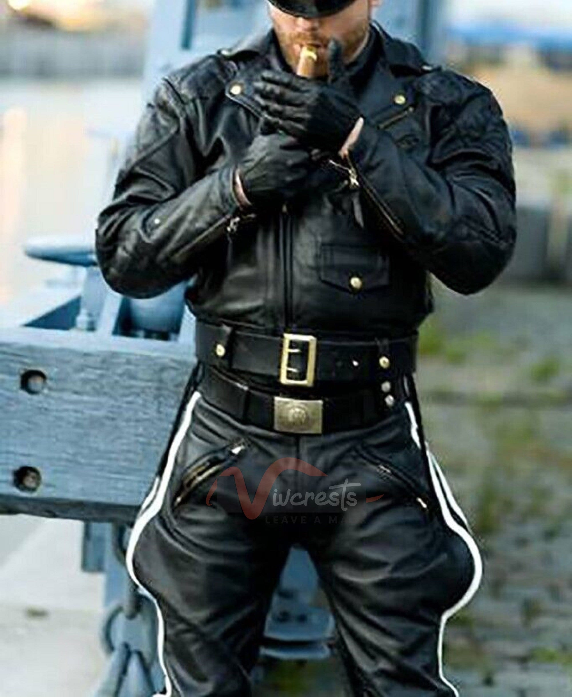 Men's Real Leather Police Uniform Breeches 2 White Stripes Breeches ...