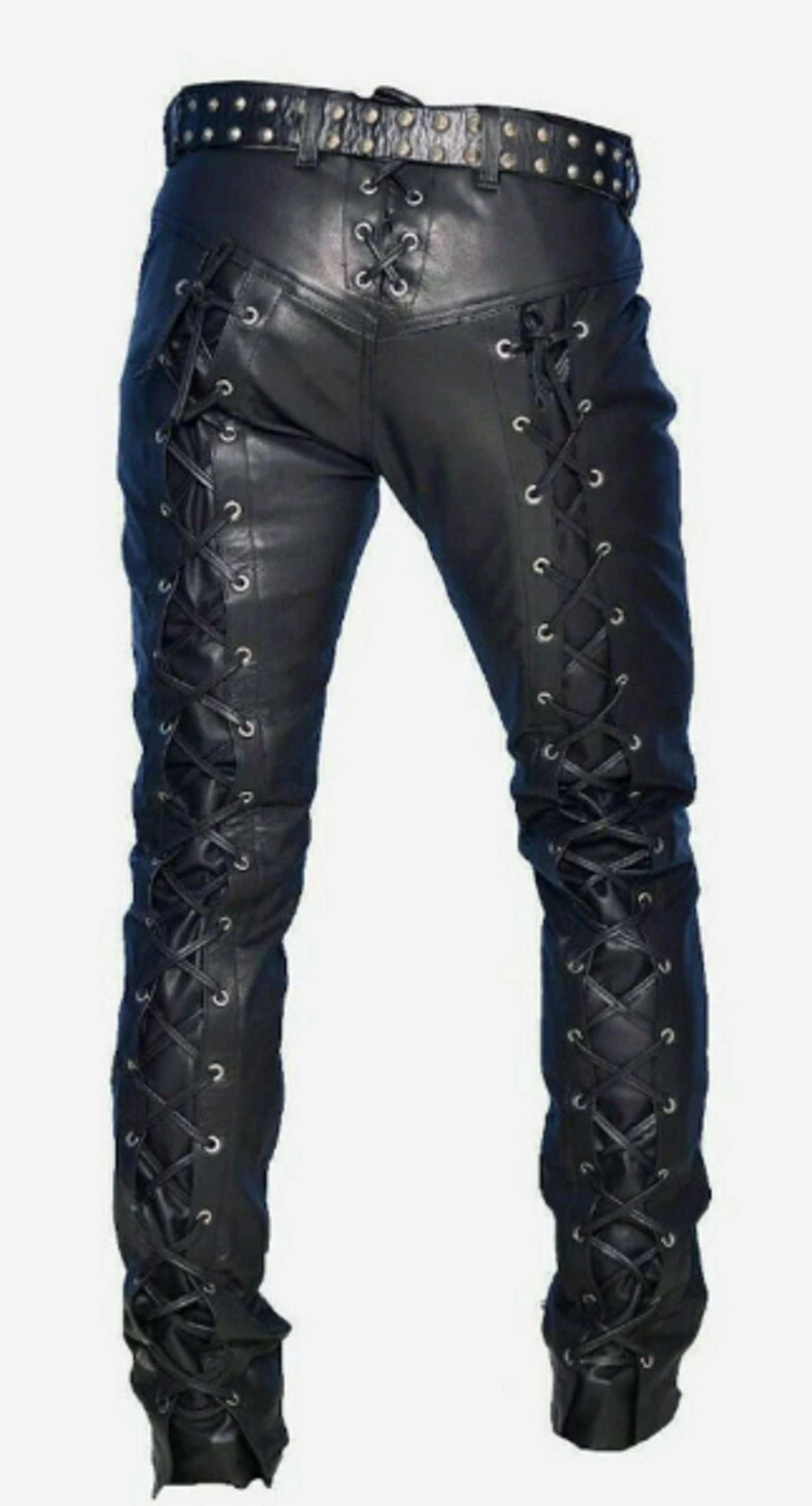 Mens Genuine Leather Pants Laced Trousers Theme Wear Biker Laces ...