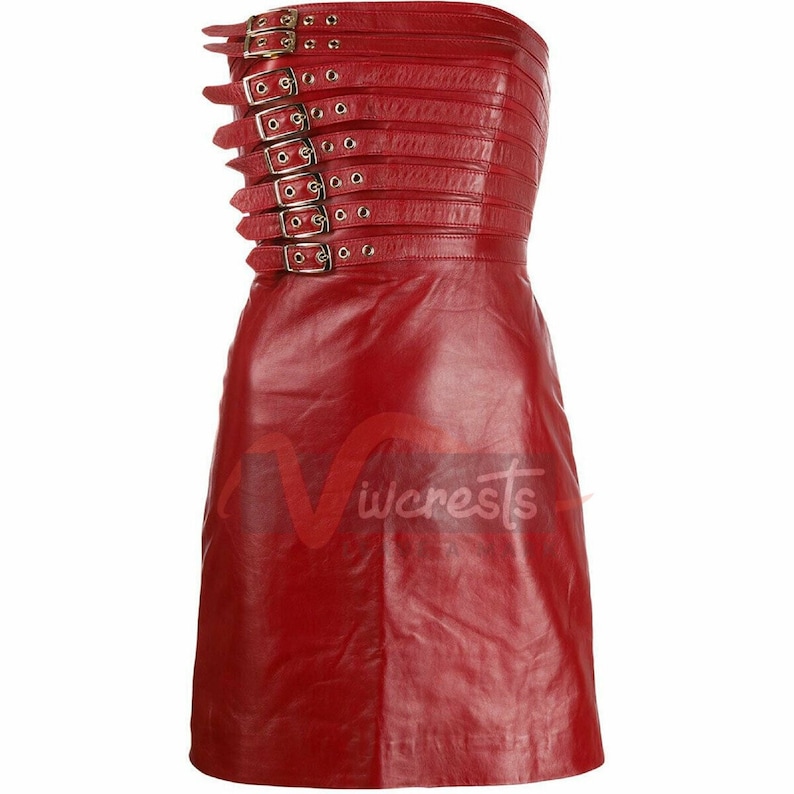 Womens Genuine Red Leather Sleeve Less Dress Coat Formal Dress Bodycon ...