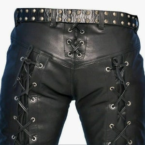Mens Genuine Leather Pants Laced Trousers Theme Wear Biker Laces ...