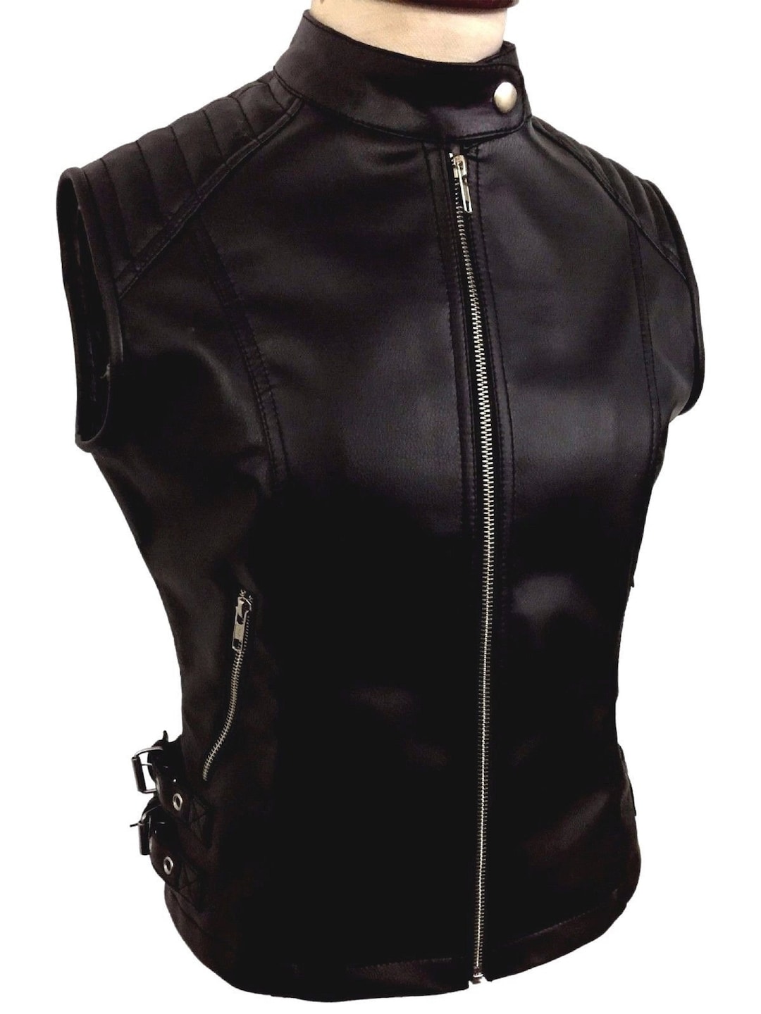 Womens Pure Black Leather Biker Vest Motorbike Motorcycle Vest ...