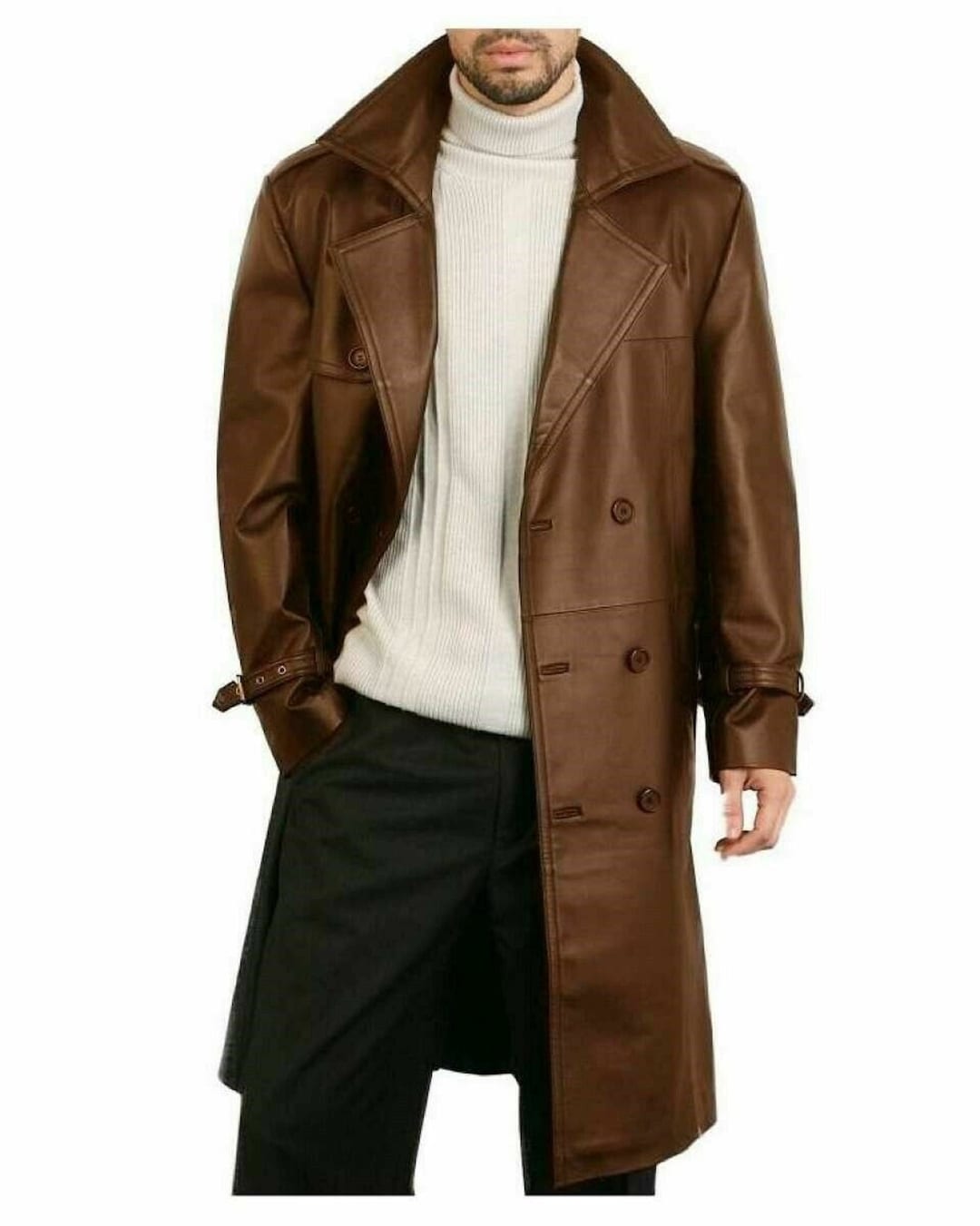 Mens Pure Brown Leather Trench Coat Steampunk Gothic Long Coat Mens ...