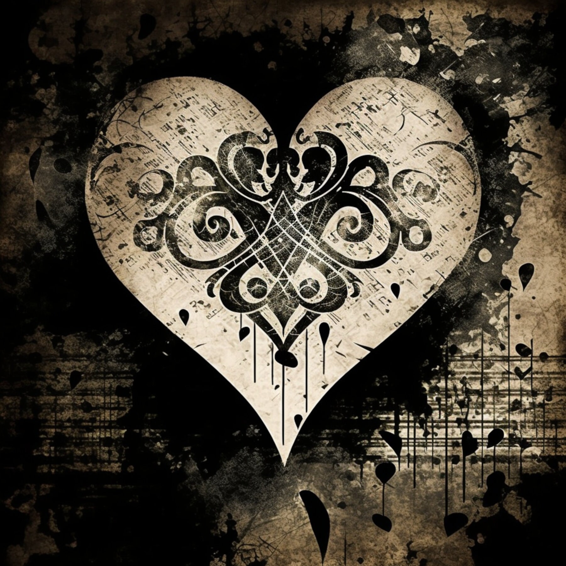 Gothic Hearts and Polka Dots / Vintage Stained Paper Background / Black ...