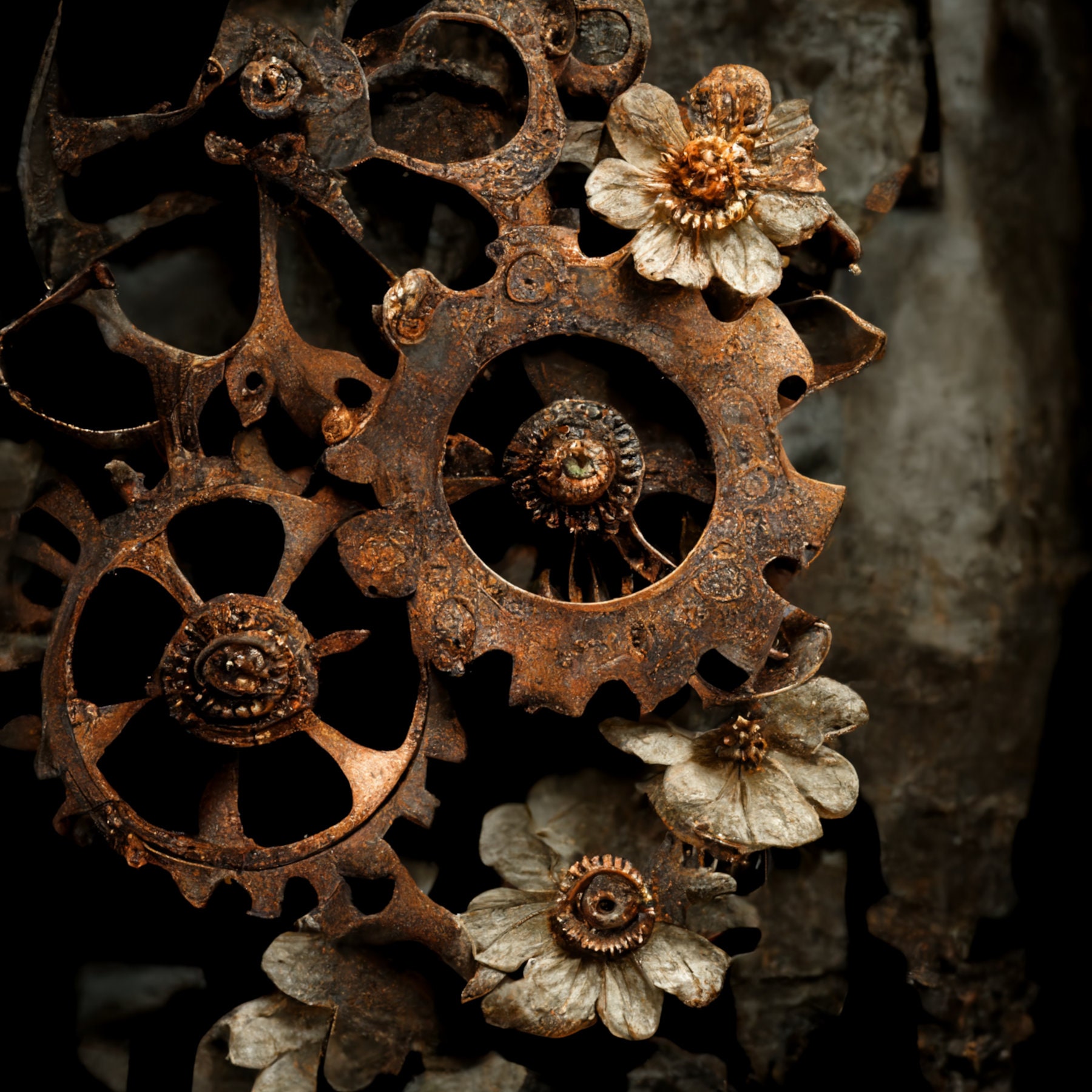 Steampunk / Gothic Rusty Gears and Flowers Digital Background Paper ...