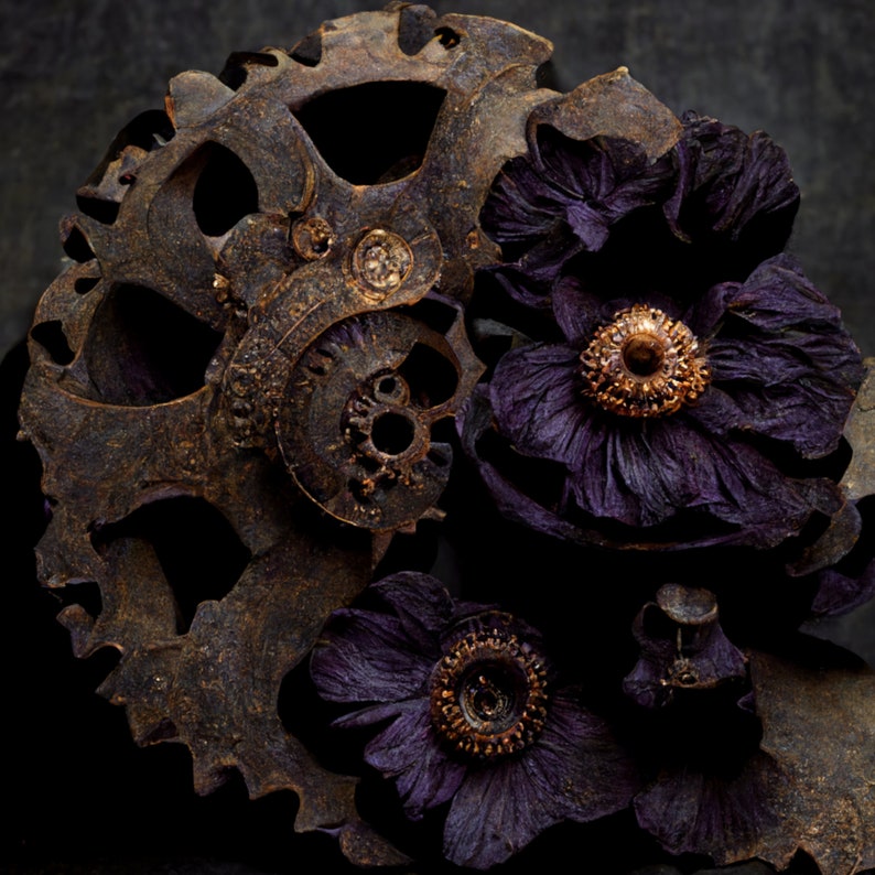 Steampunk / Gothic Rusty Gears and Flowers Digital Background Paper ...