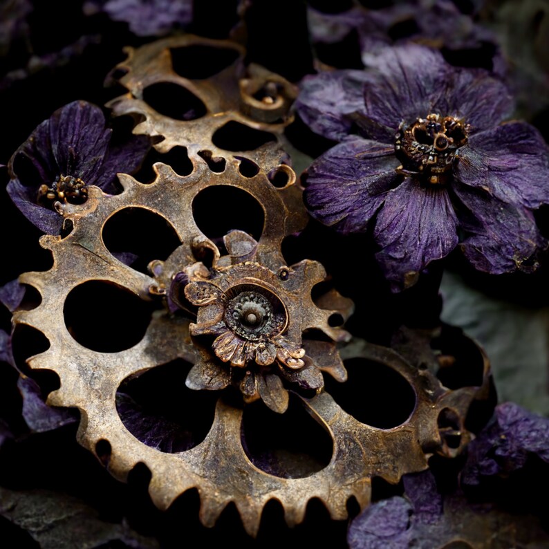 Steampunk / Gothic Rusty Gears and Flowers Digital Background Paper ...