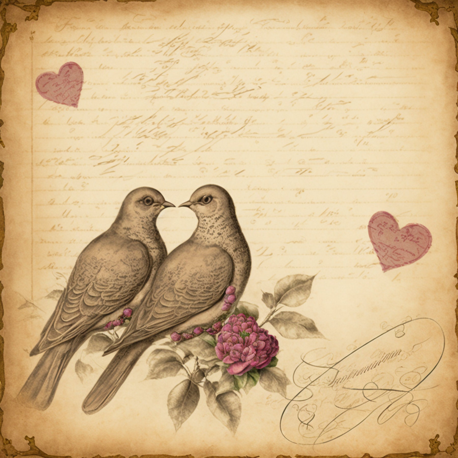 Vintage Valentine Digital Background Paper - Doves and Roses ...