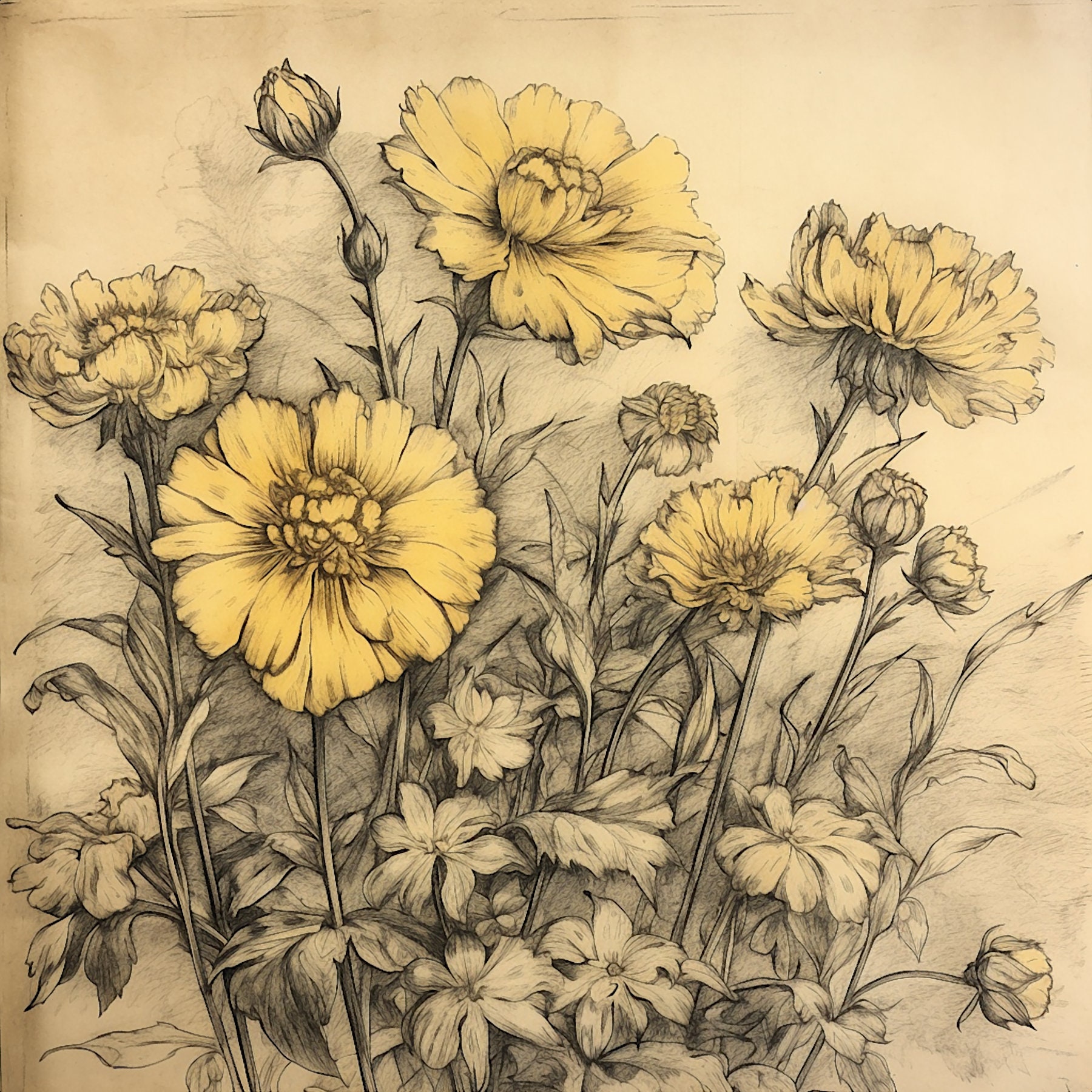 Vintage Flower Sketches Graphite and Colour Pencil / Junk Journal ...