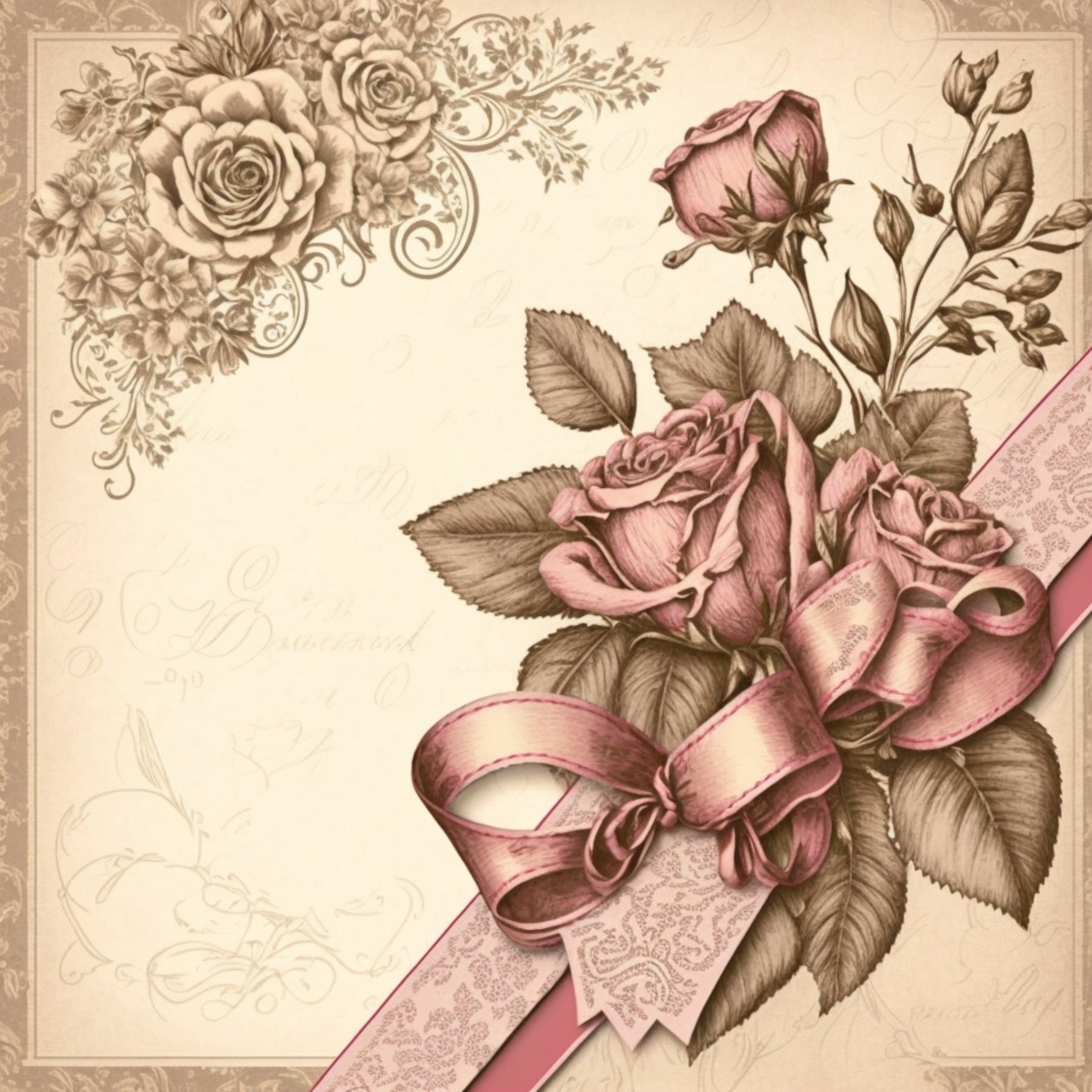 Vintage Roses, Ribbons and Lace Background Paper / Scrapbooking / Junk ...