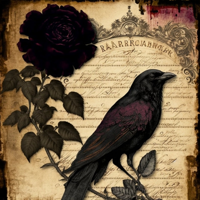 Vintage Gothic Roses and Raven Digital Background Paper / Junk - Etsy