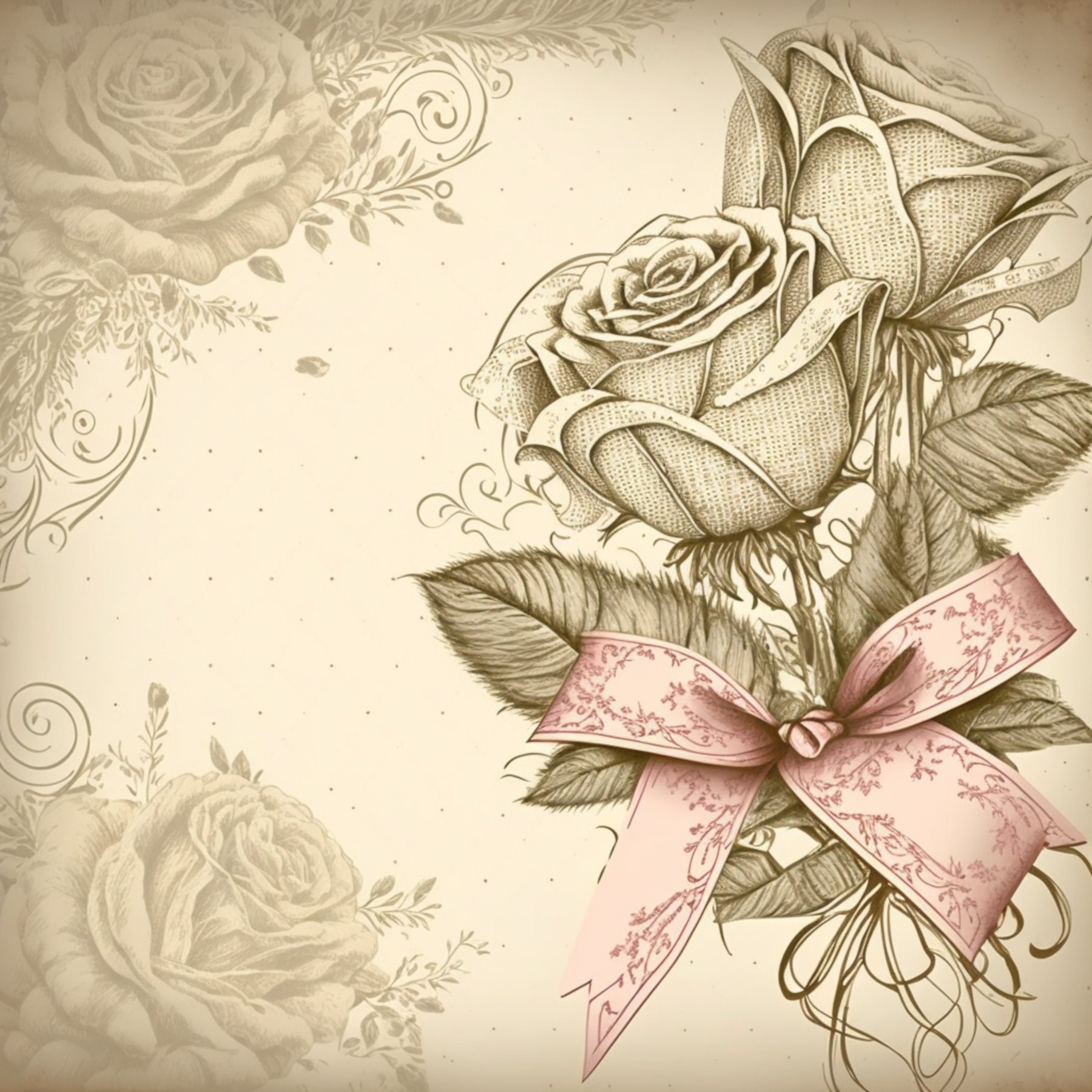 Vintage Roses, Ribbons and Lace Background Paper / Scrapbooking / Junk ...