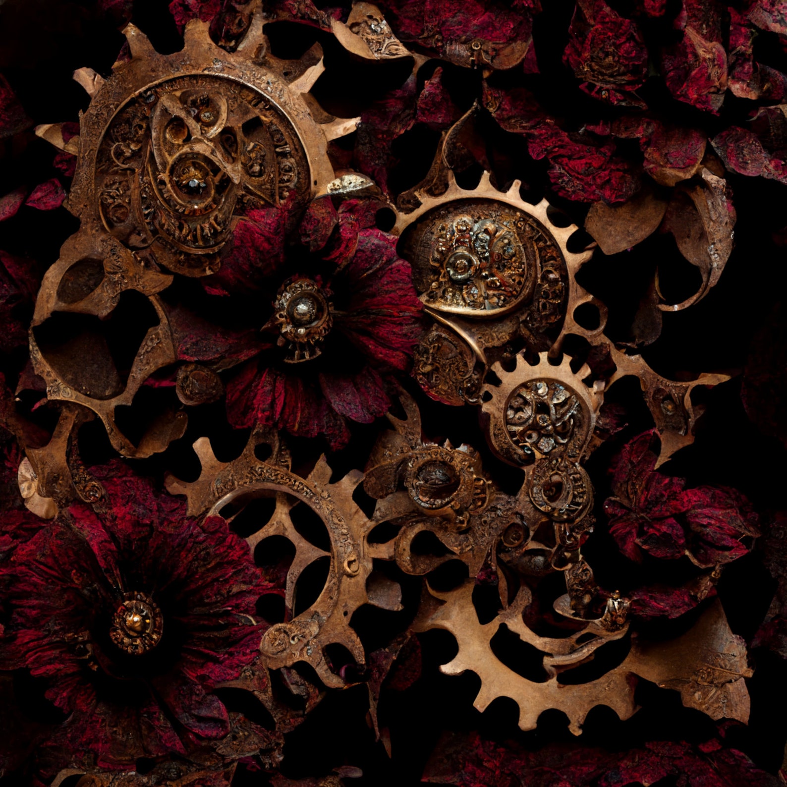 Steampunk / Gothic Rusty Gears and Flowers Digital Background Paper ...