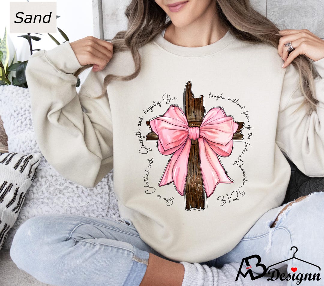 Cross With Pink Bow Sweatshirts, Christian Coquette Tee, Bible Verse ...