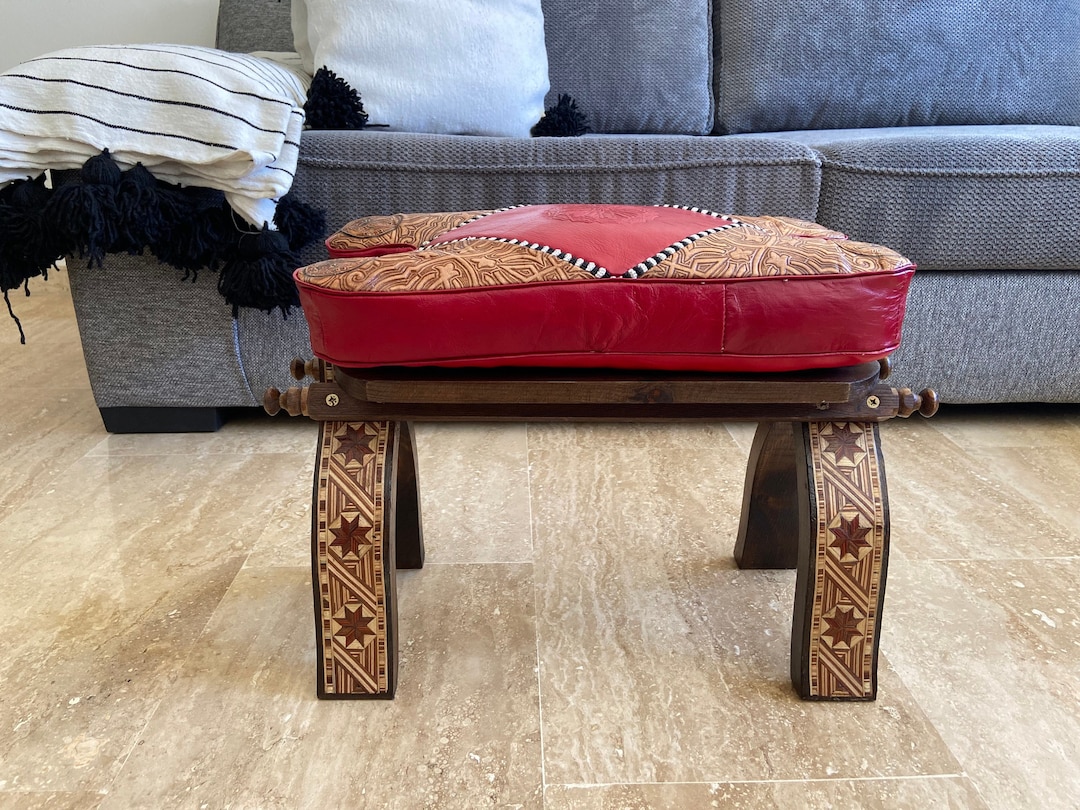 Leather Camel Saddle Stool, Footrest With Engraved Arabic Pattern ...