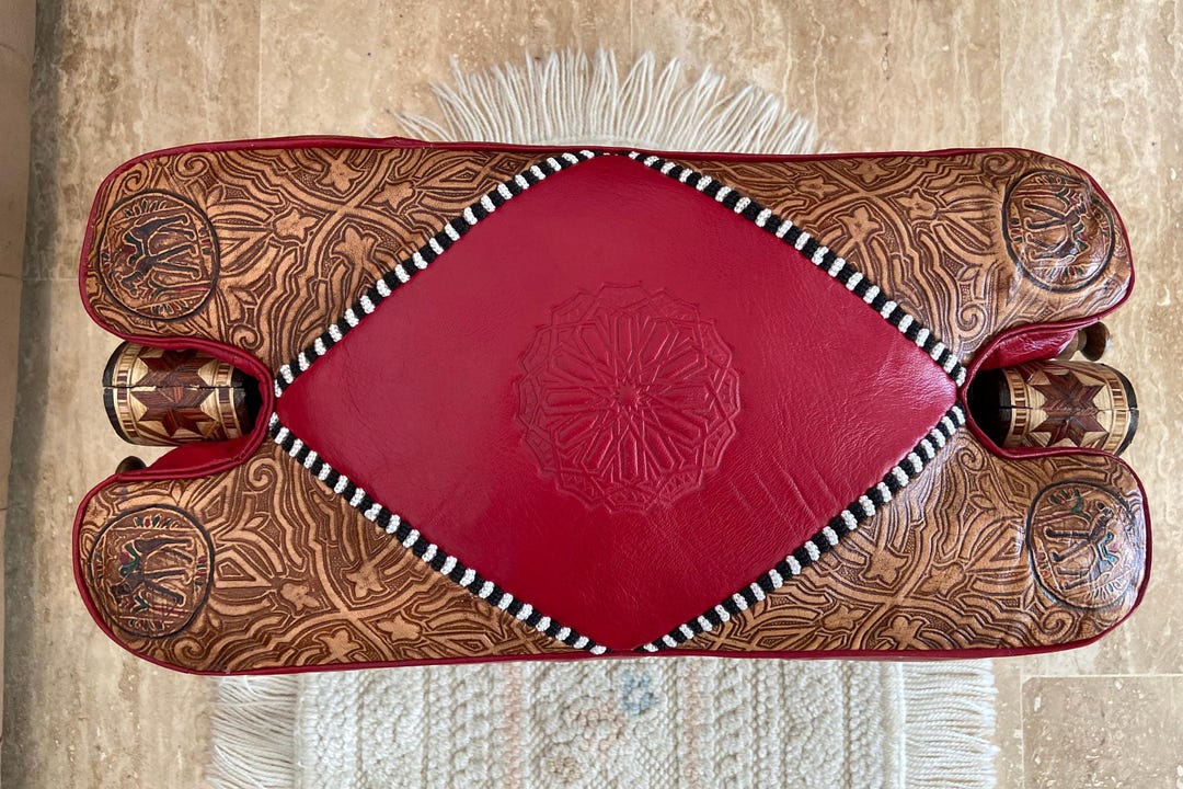 Artisanal Leather Camel Saddle Stool, Red Footrest With Engraved Arabic ...
