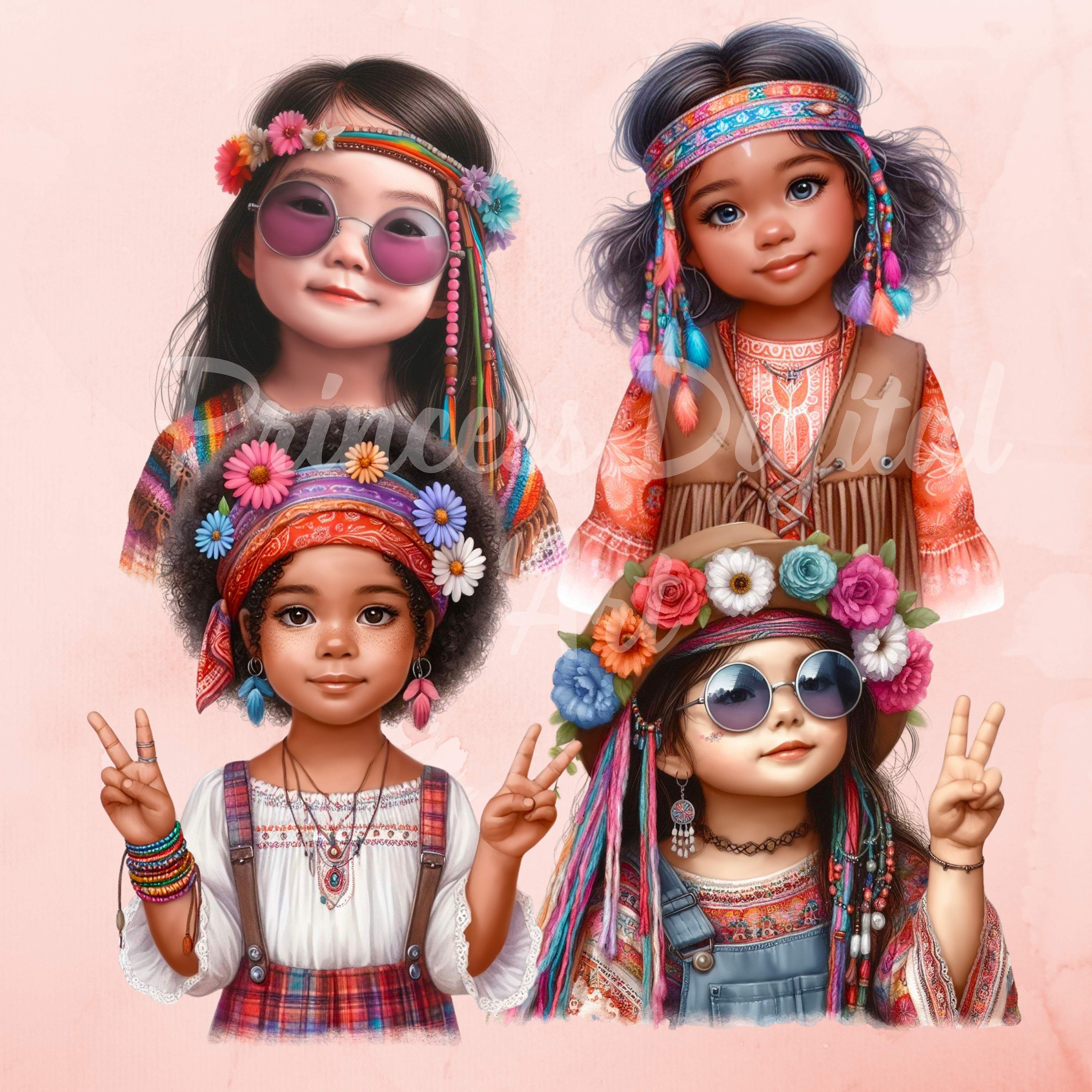 CUTE Boho Girls Watercolor PNG Bundle, Bohemian Young Hippie Girls ...