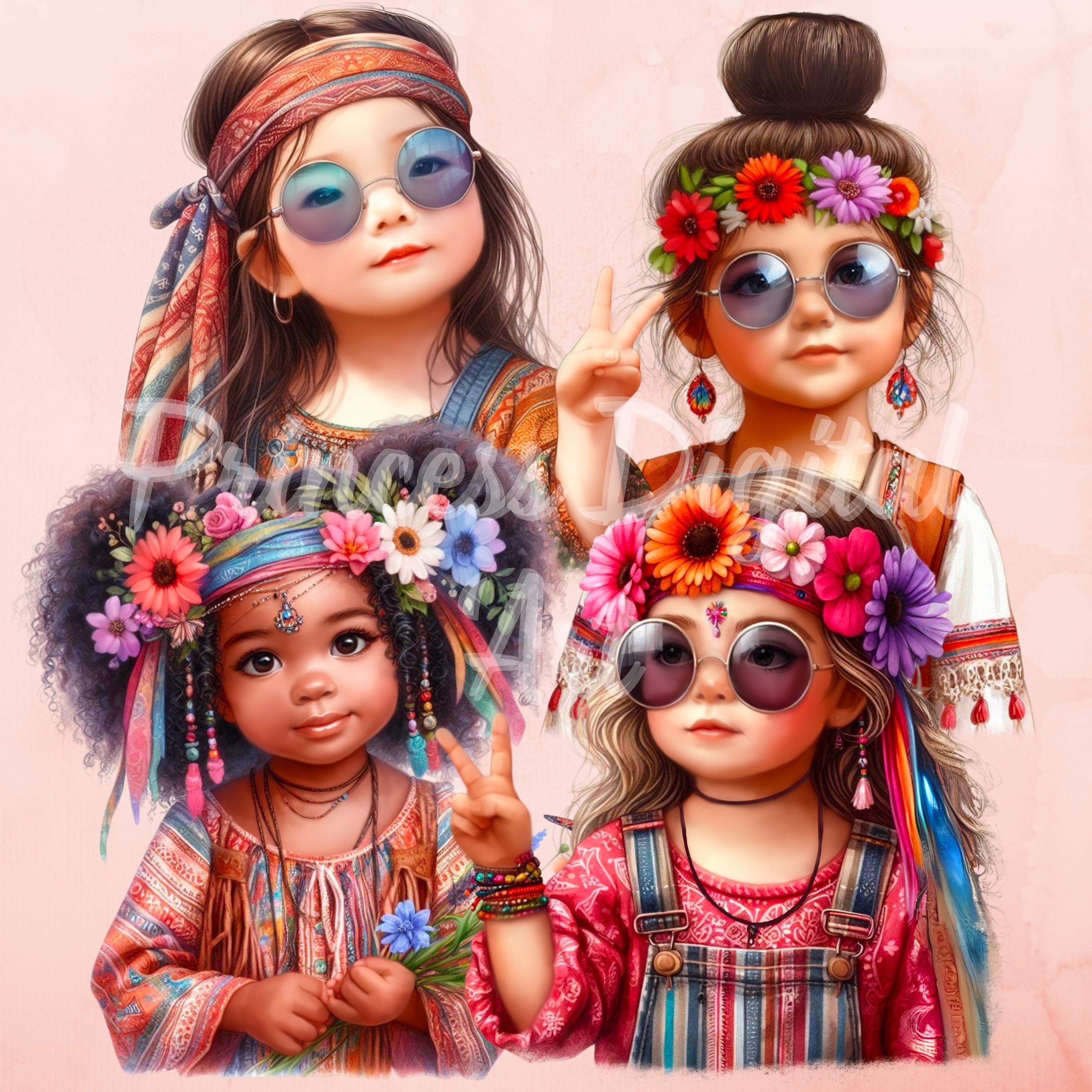 CUTE Boho Girls Watercolor PNG Bundle, Bohemian Young Hippie Girls ...