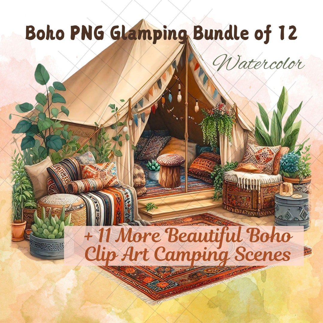 Boho Camping PNG Bundle Glamping Tents Clip Art Watercolor Scenery ...