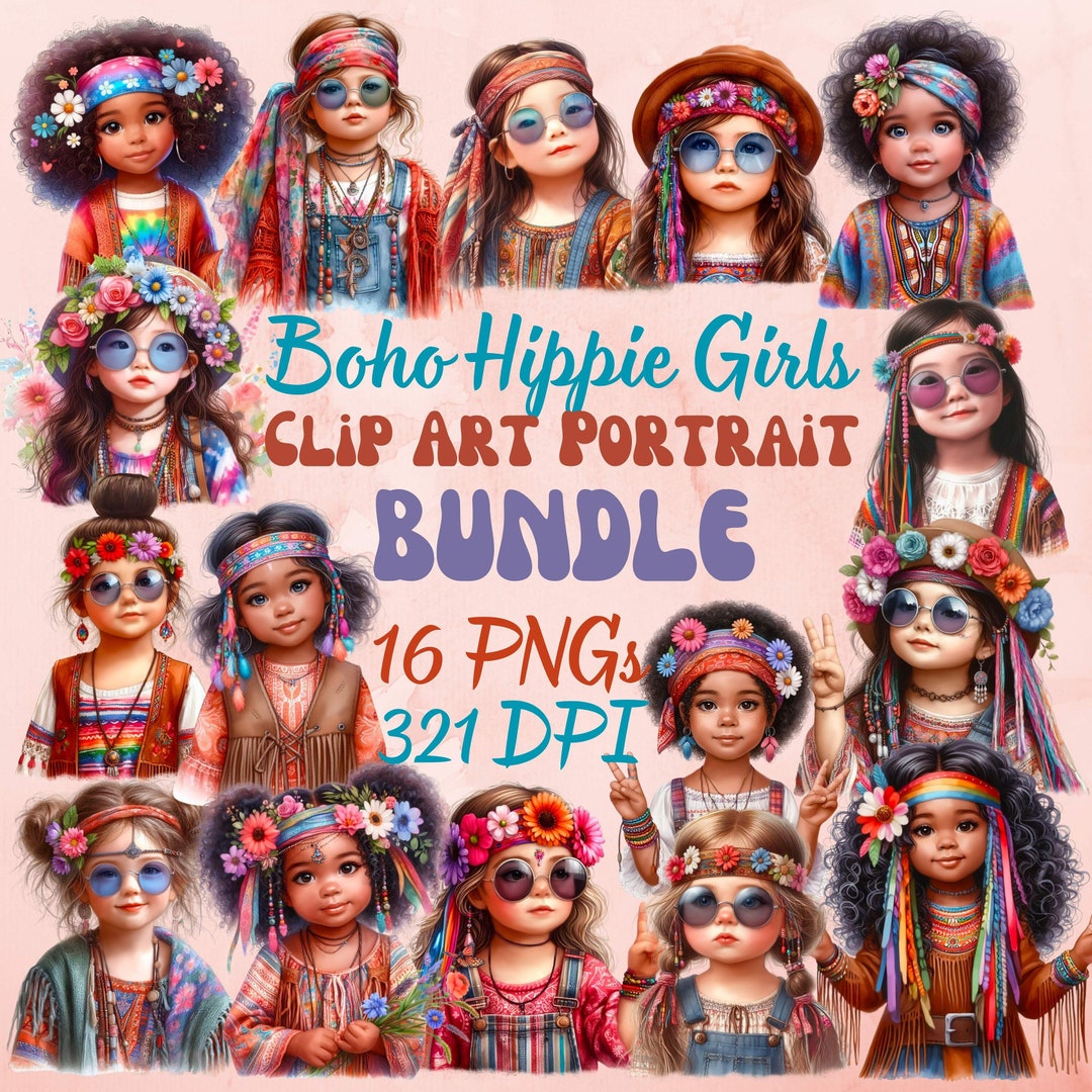 CUTE Boho Girls Watercolor PNG Bundle, Bohemian Young Hippie Girls ...
