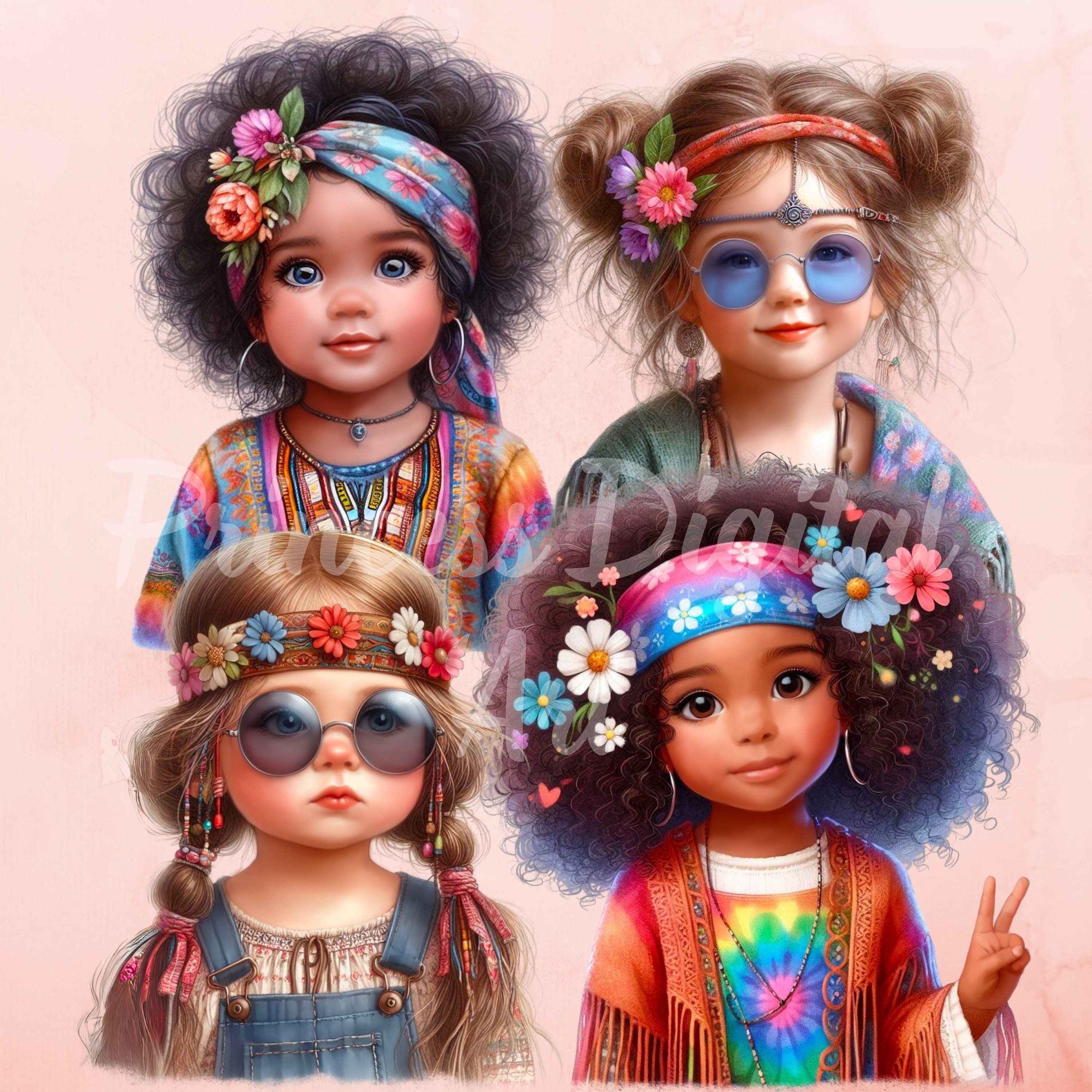 CUTE Boho Girls Watercolor PNG Bundle, Bohemian Young Hippie Girls ...
