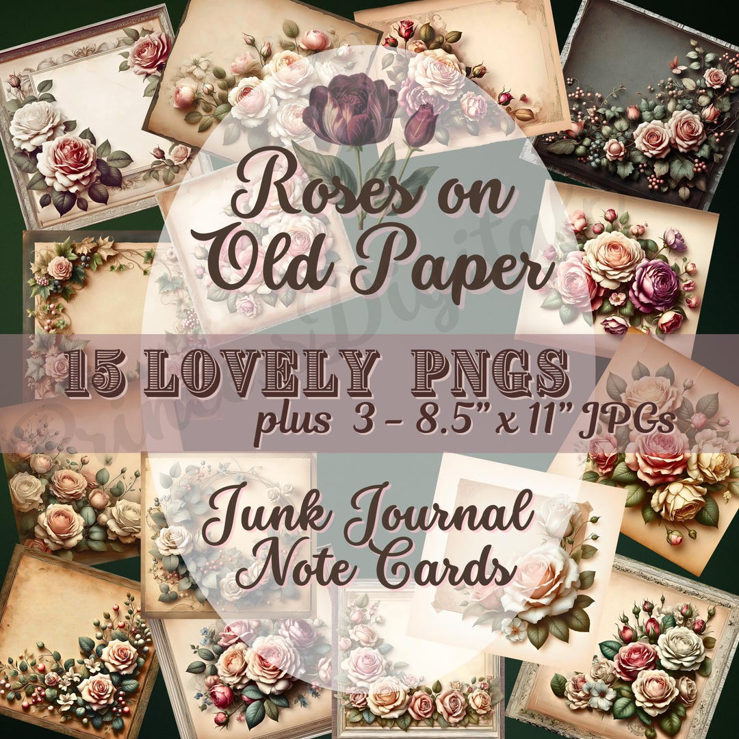 Junk Journal Note Cards Roses on Old Paper 15 Pngs Watercolor Clip Art ...