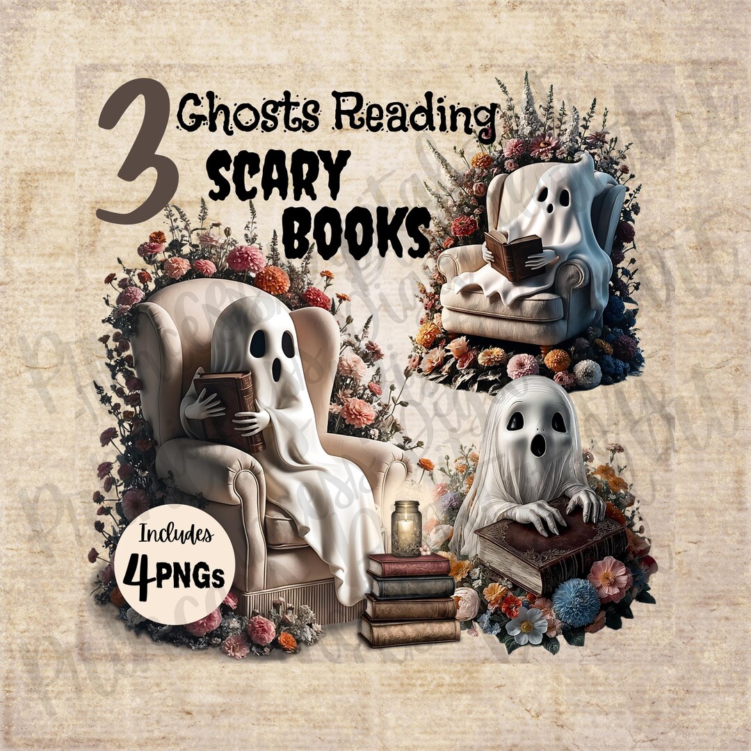 Cute Ghosts Reading Scary Books in Chairs, Flowers, 4 Pngs, Clip Art ...