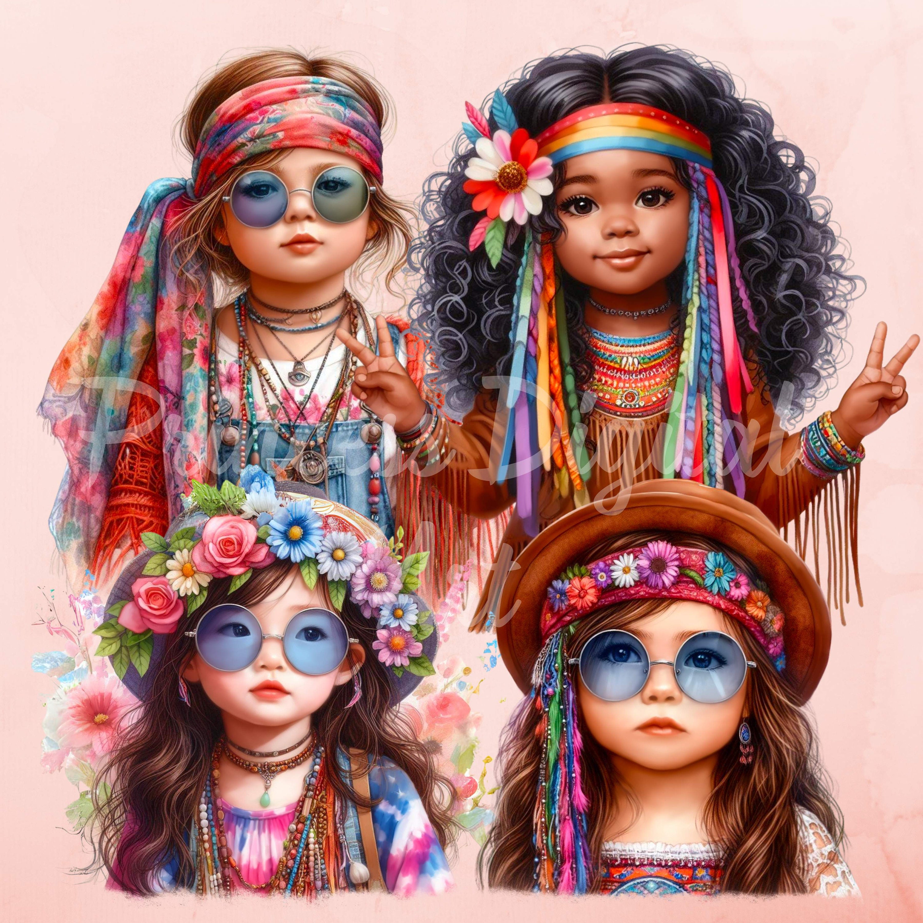 CUTE Boho Girls Watercolor PNG Bundle, Bohemian Young Hippie Girls ...