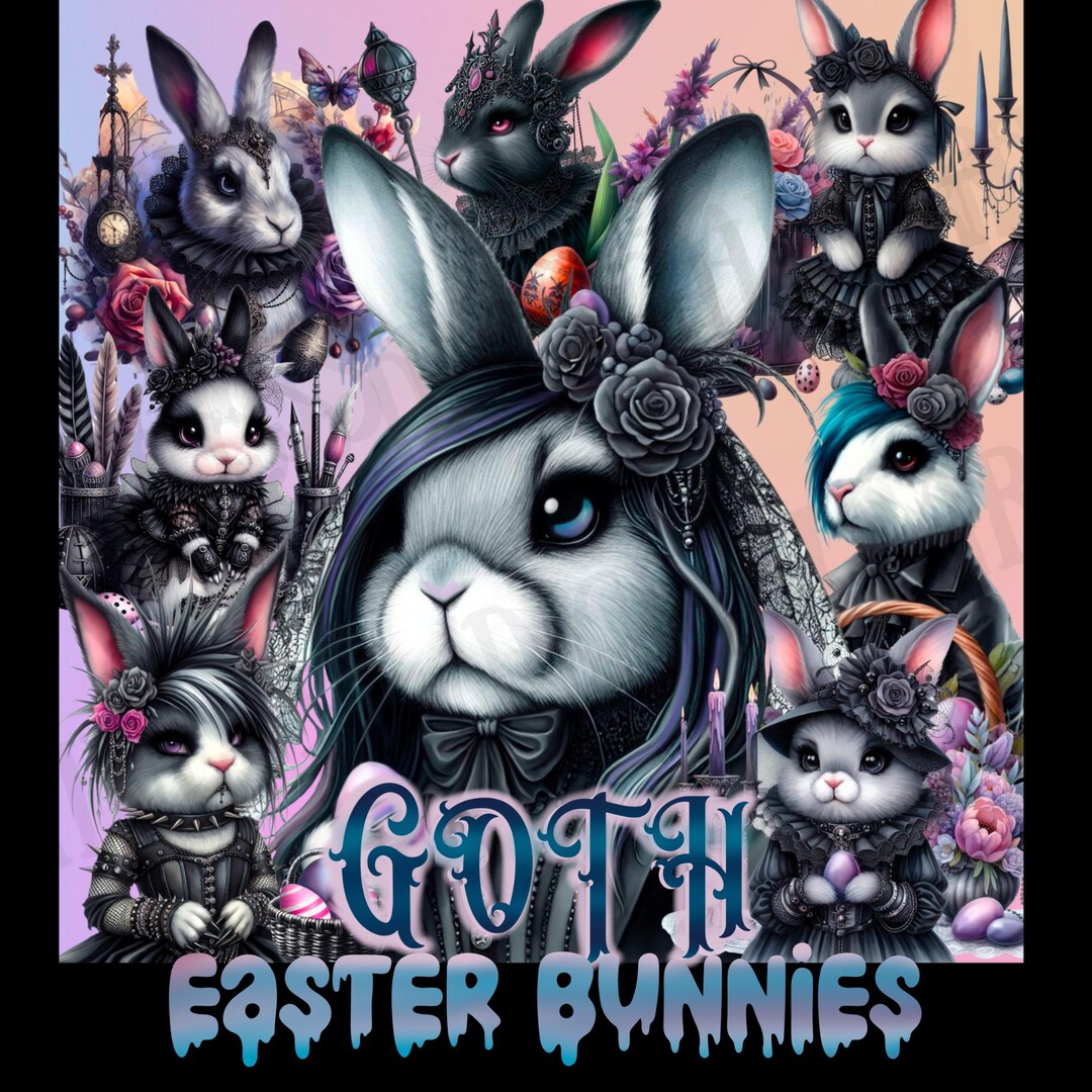 Goth Easter Bunnies Watercolor 8 PNG Bundle 321 DPI, Clip Art, Punk ...