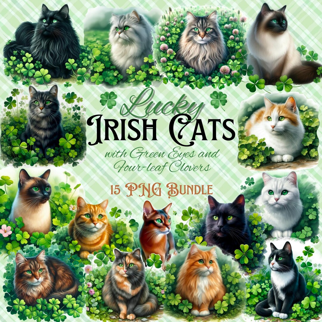 Lucky Irish Cats Watercolor PNG Bundle 321 DPI, Green-eyed Cats With ...