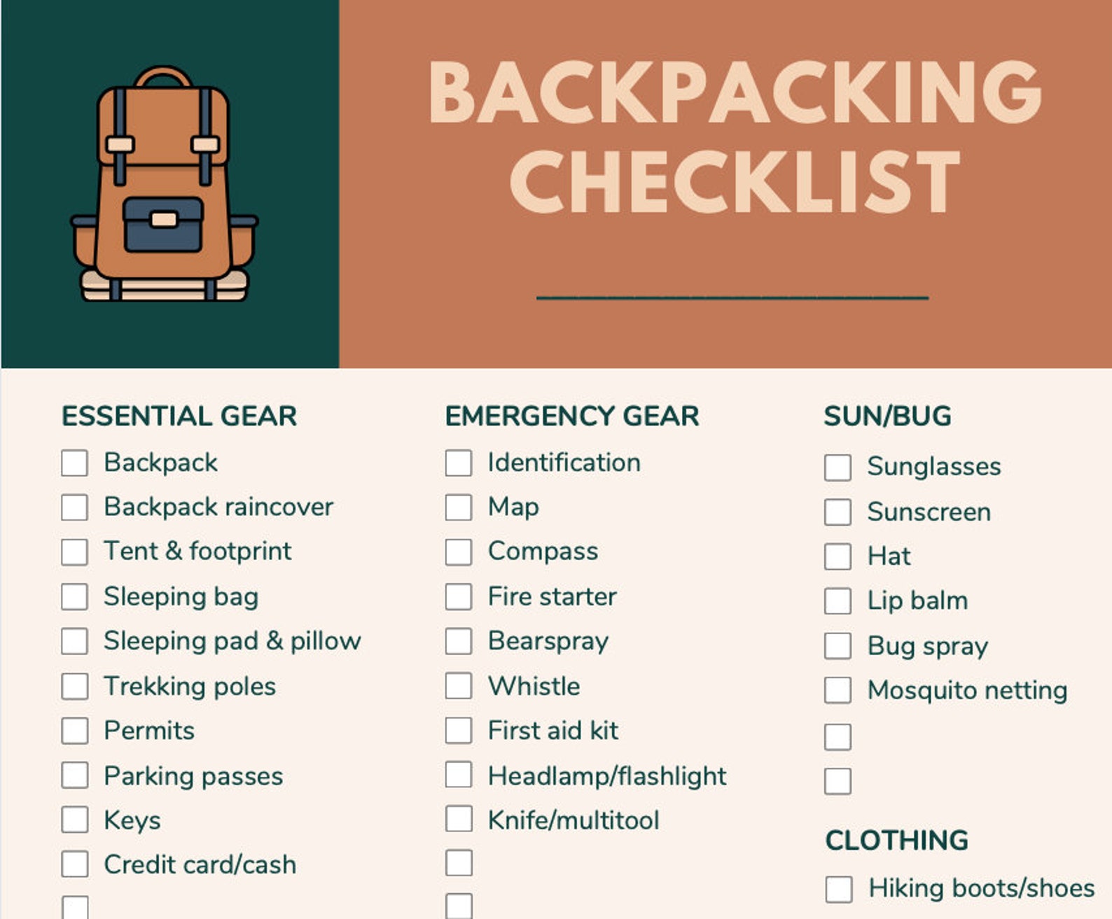 Backpacking Checklist and Template - Etsy