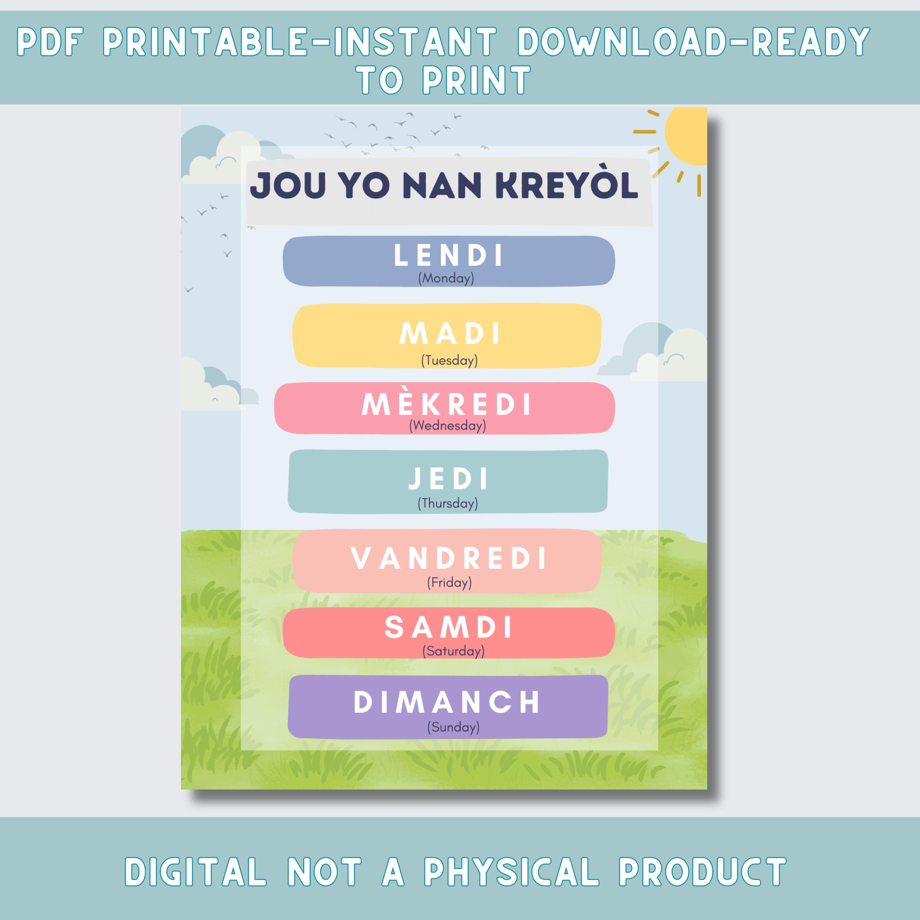 Haitian Creole Poster, Kids Wall Art, Educational Posters, Bilingual ...