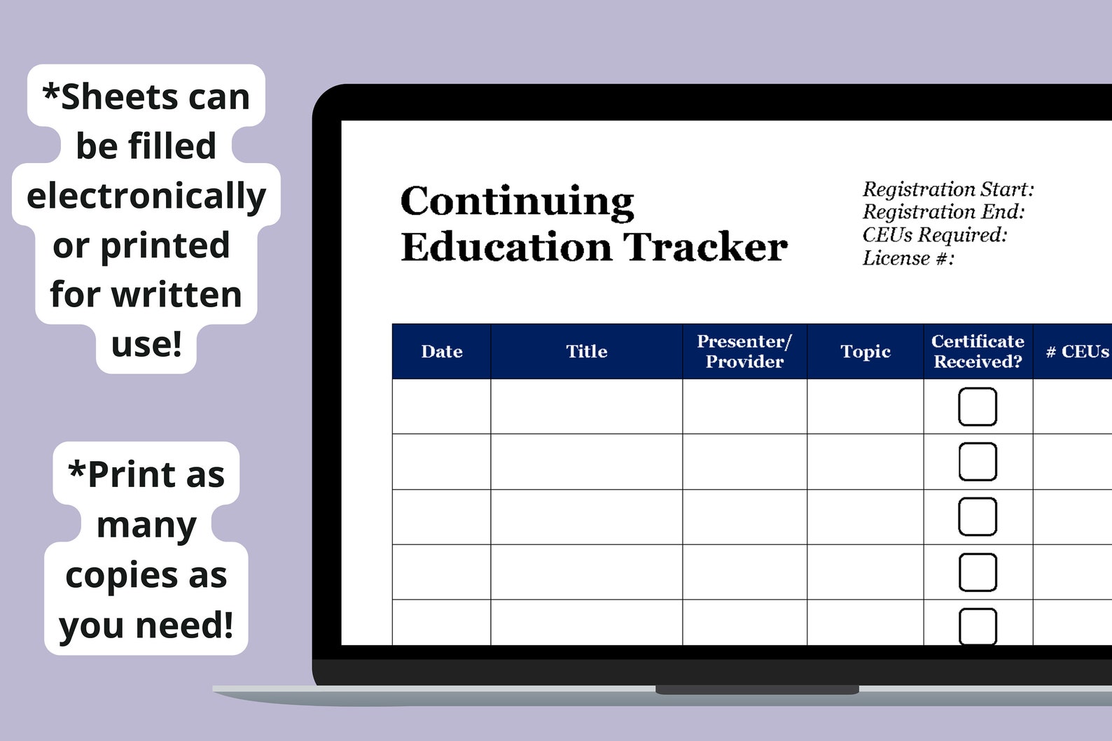 CEU Tracker Sheet | DIGITAL DOWNLOAD | Fillable & Printable ...