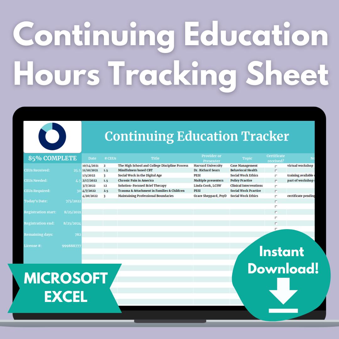 CEU Tracker | MICROSOFT EXCEL | Continuing Education Hours Digital Log ...