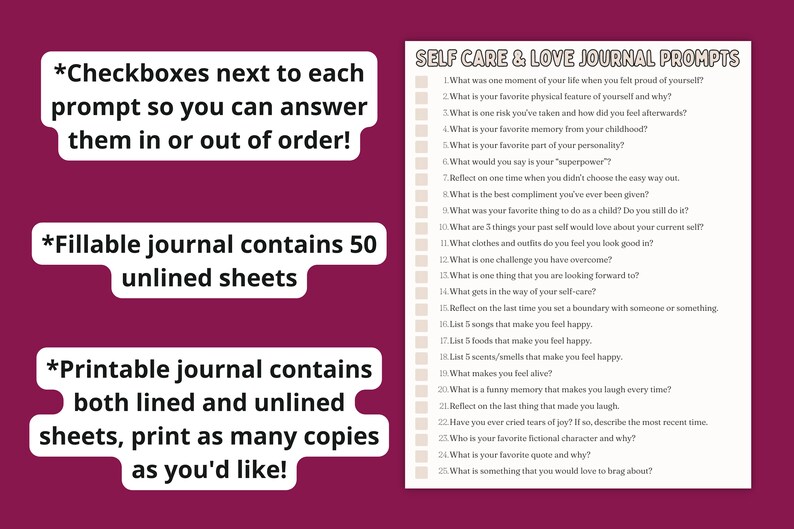 50 Self Care Journal Prompts | PRINTABLE & FILLABLE | Mental Health ...