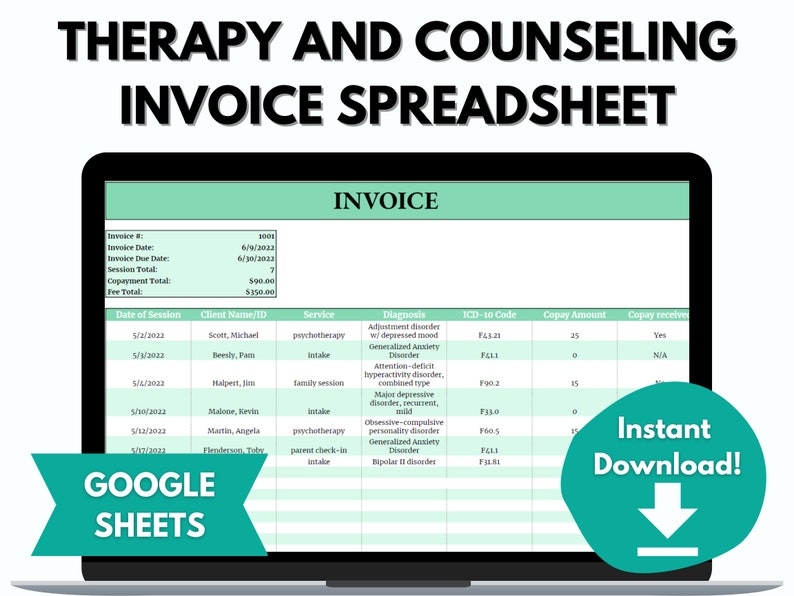Therapy and Counseling Invoice Template GOOGLE SHEETS Client Tracker ...