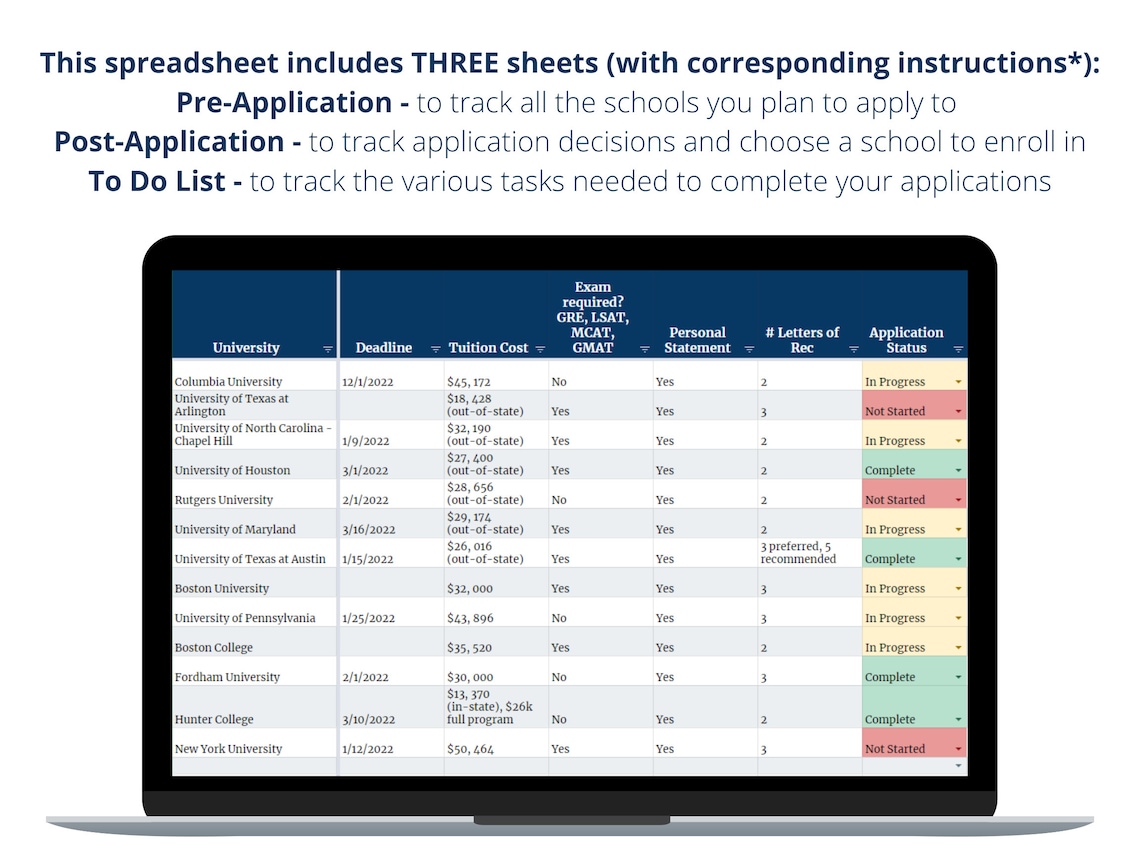 Graduate School Application Tracker | GOOGLE SHEETS | Med School ...