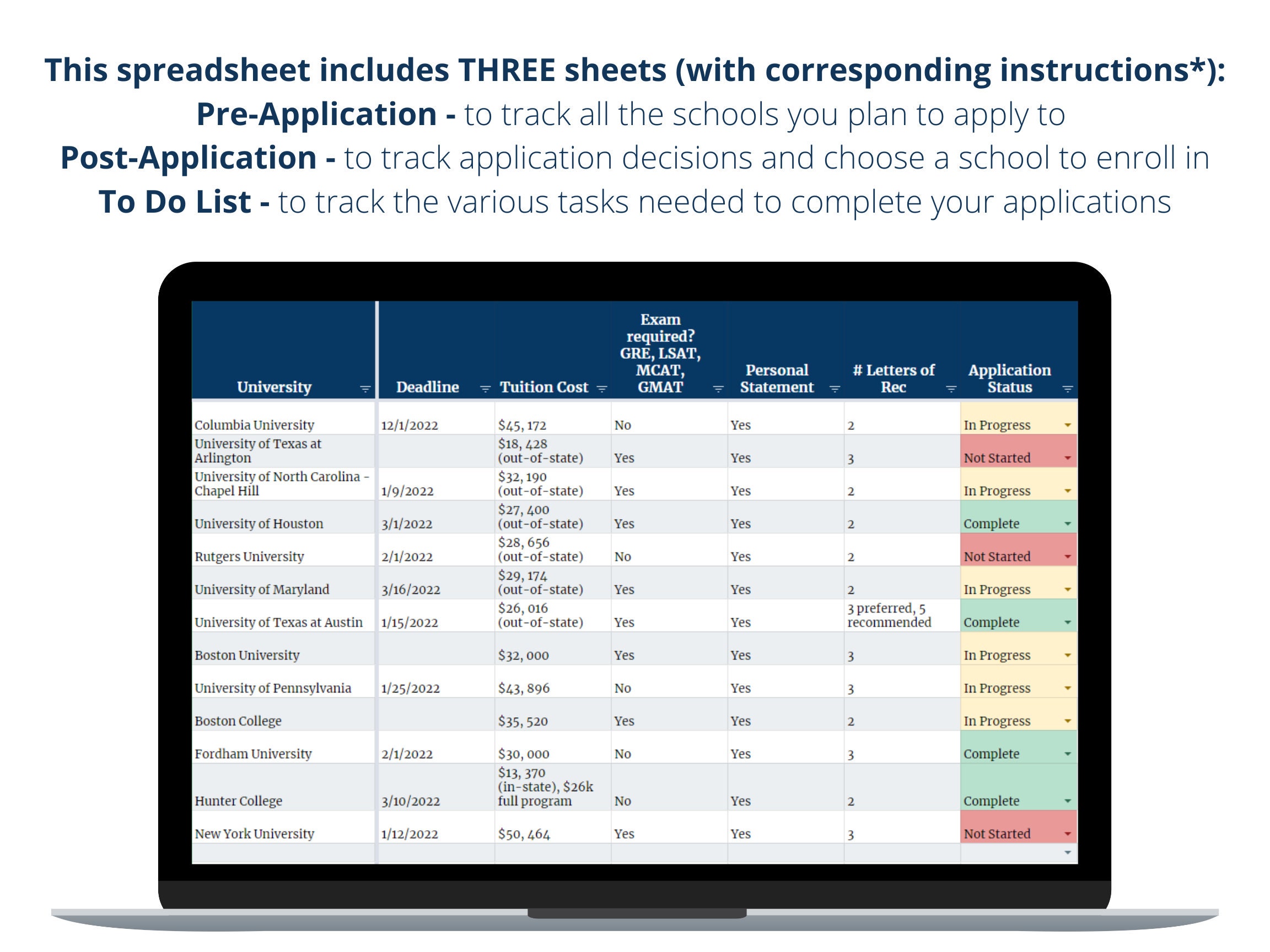 Graduate School Application Tracker | GOOGLE SHEETS | Med School ...